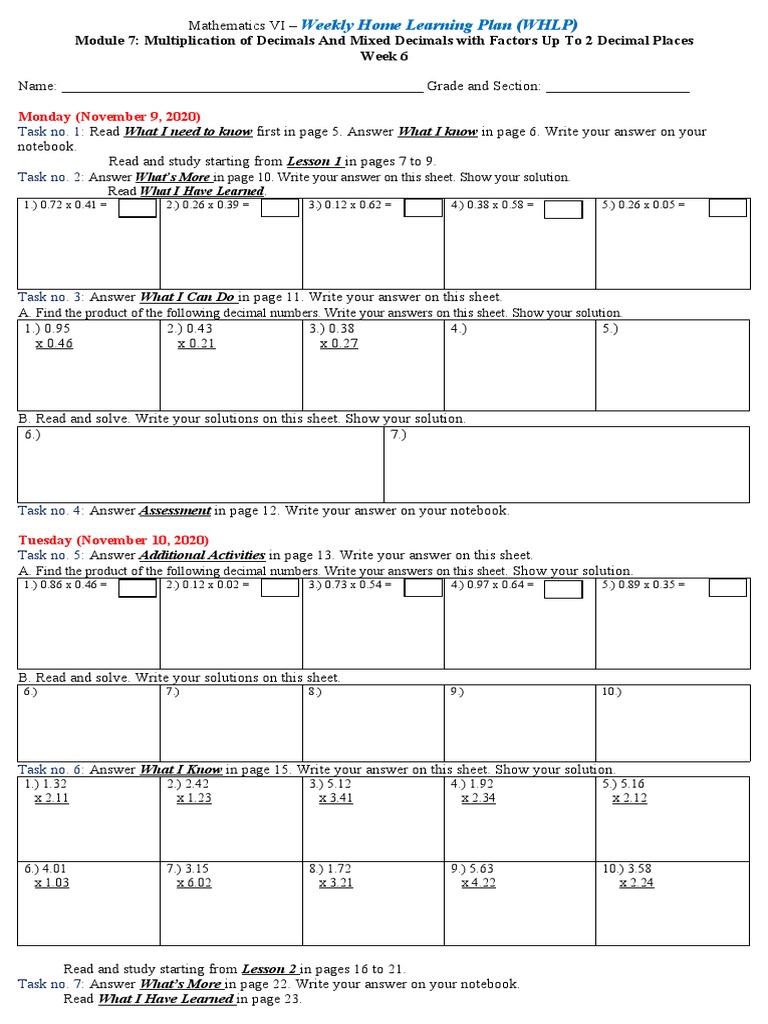 WHLP and Activity Sheet in Math 6 Q1 Part 2 | PDF | Notebook ...