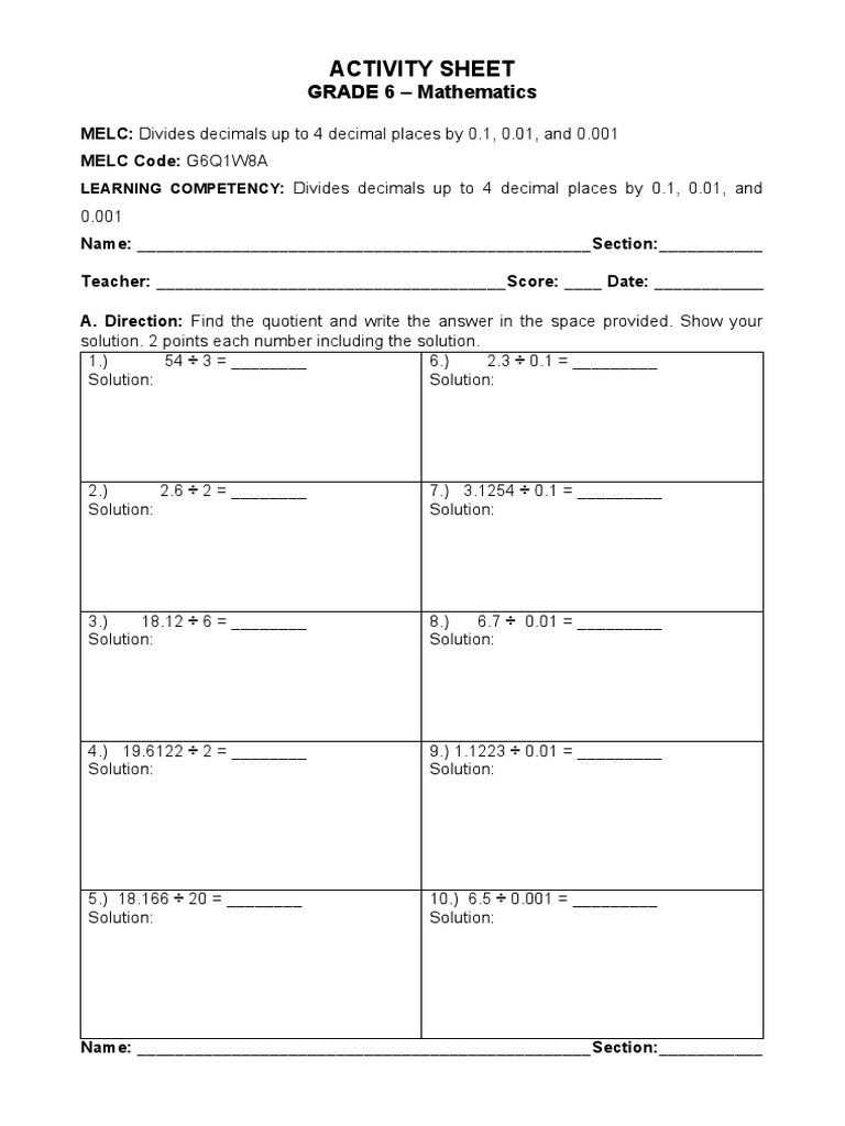 Activity Sheet: GRADE 6 - Mathematics | PDF