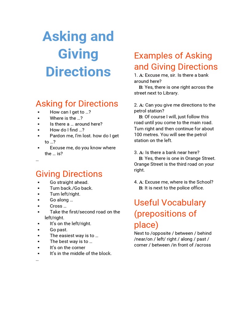 Directions: Asking and Giving Guide | PDF | Restaurant And Catering ...