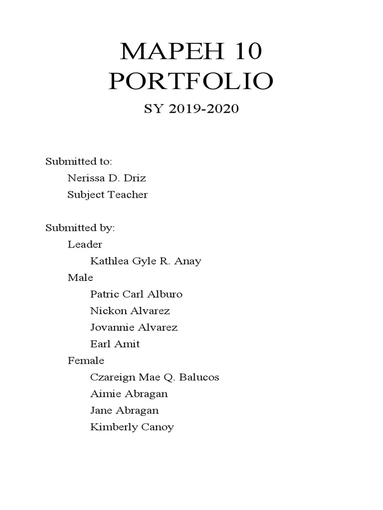 Mapeh 10 Portfolio: Submitted To: Nerissa D. Driz Subject Teacher | PDF
