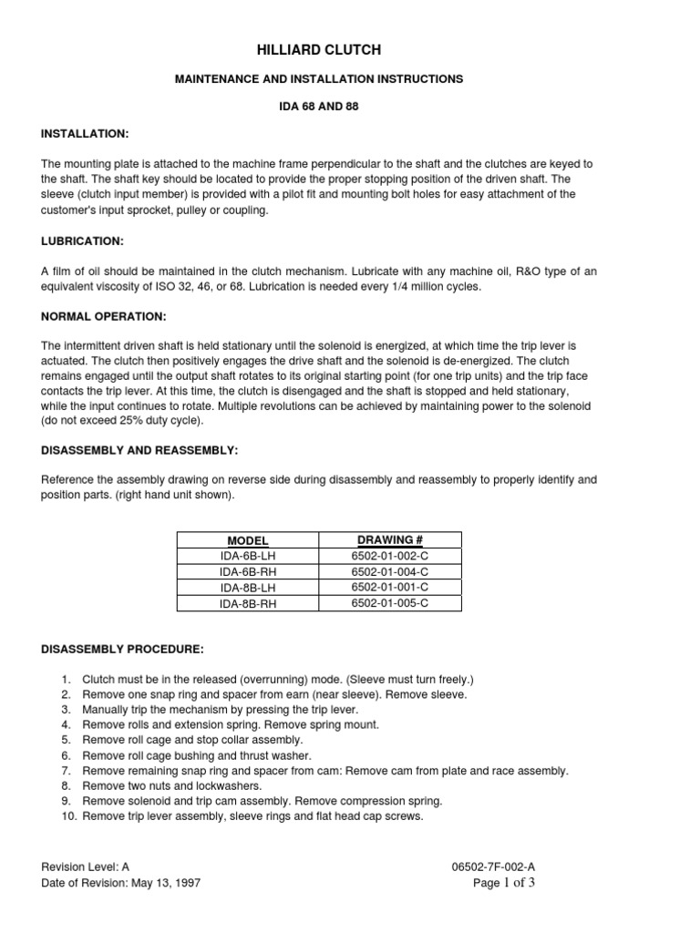 Hilliard Maintenance and Installation Instructions | PDF | Clutch ...