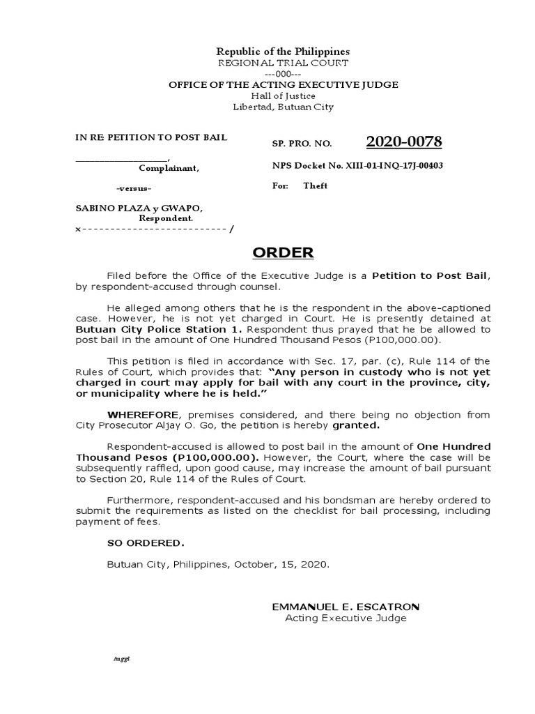 1.A Sample Order Granting Petition To Post Bail | PDF
