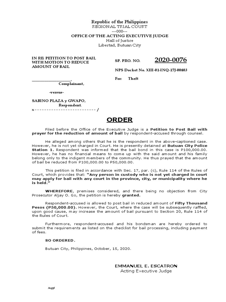1 B Sample Order Granting Petition To Post Bail With Prayer To Reduce