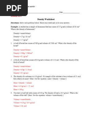 Density Problems Worksheet Answer Key
