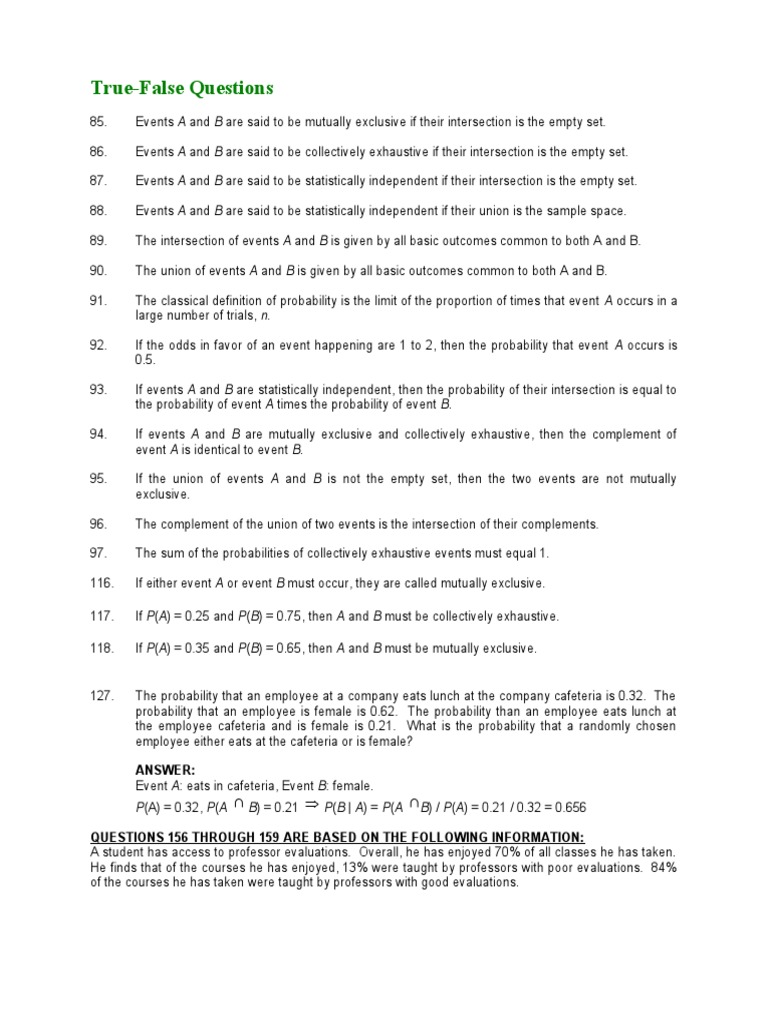 Probability and Statistics True-False Questions: Key Concepts of ...
