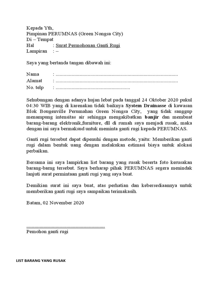 Surat Permintaan Ganti Rugi | PDF