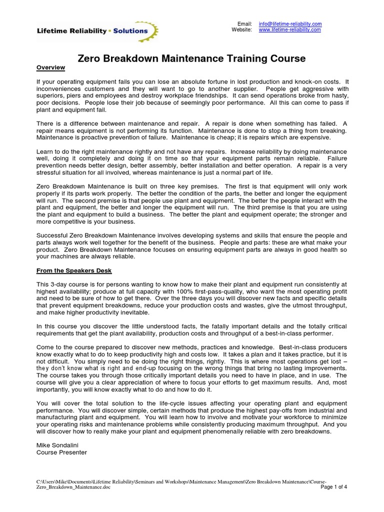 Zero Breakdown Maintenance PDF | PDF | Reliability Engineering ...