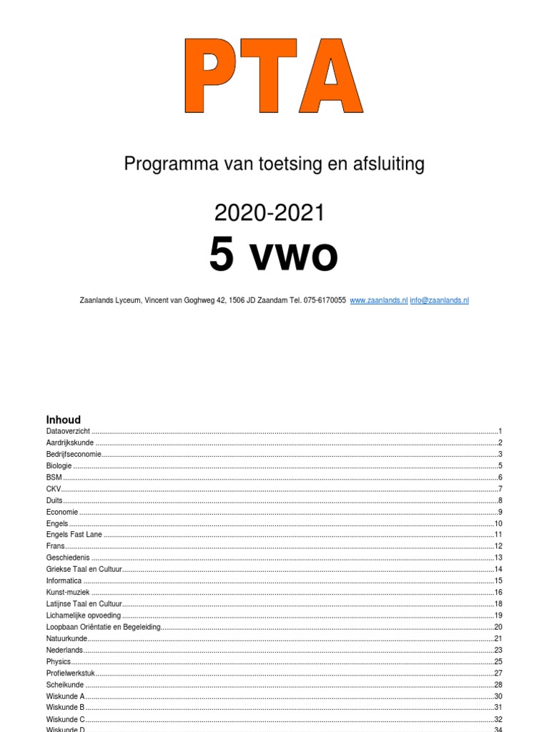 PTA - 5 - Vwo - 2020 - 2021 - Definitief - Instemming - MR - 24.08.20 - PS 2 | PDF