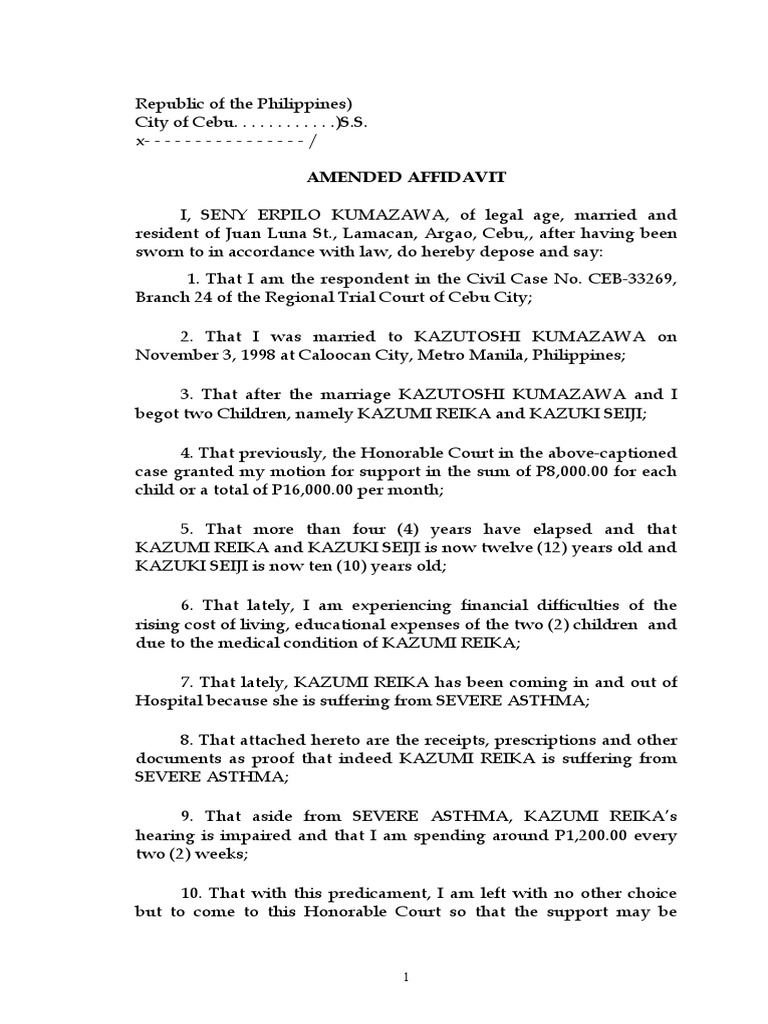 Amended Affidavit of supportANSWER Kumazawa Annulment2 | PDF ...