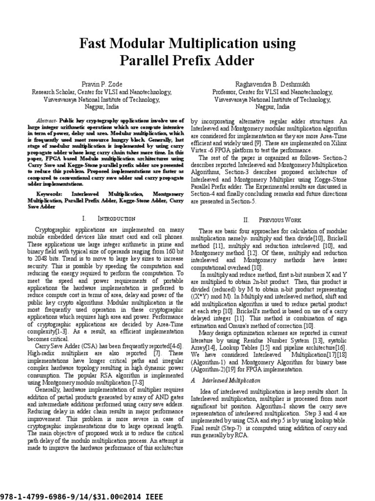 Fast Modular Multiplication Using Parallel Prefix Adder: Pravin P. Zode Raghavendra B. Deshmukh ...