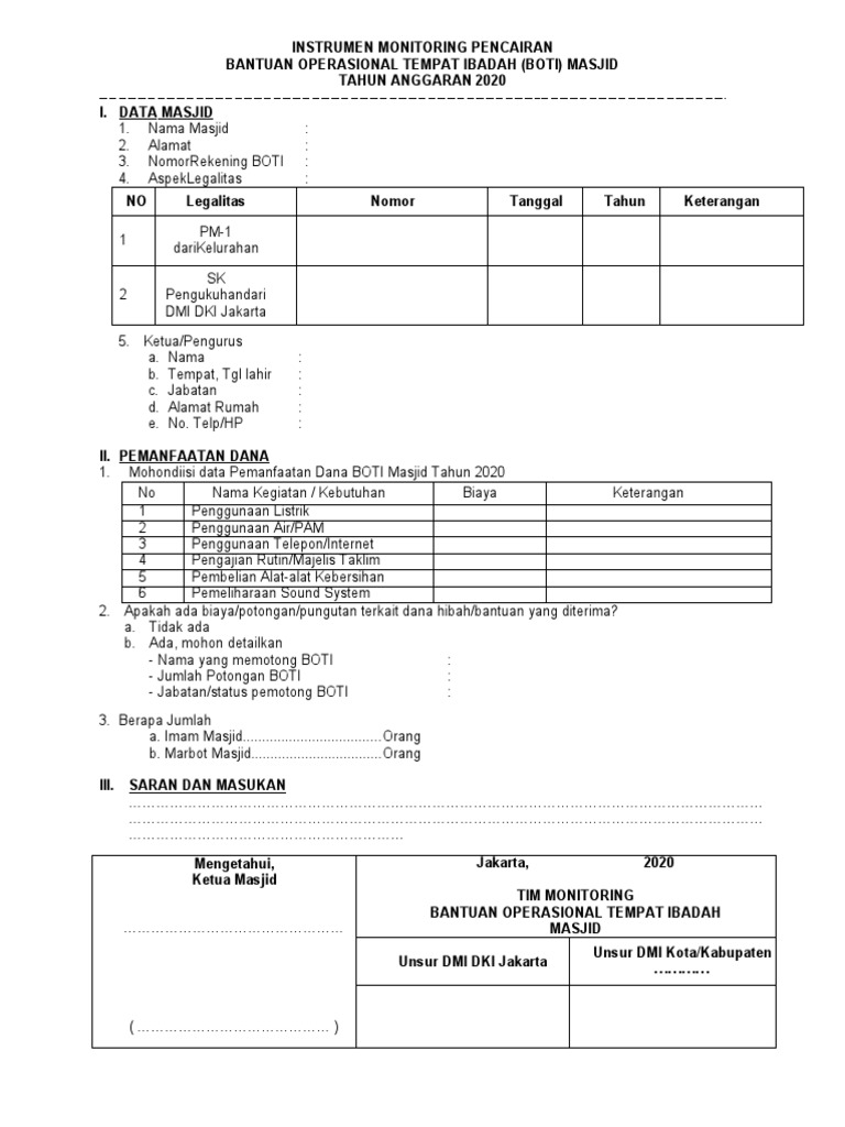 Instrumen Monitoring Boti Masjid 2020 | PDF