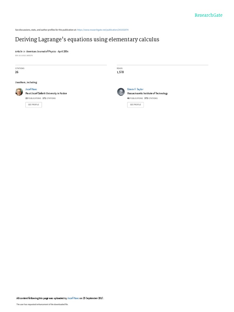 Deriving Lagranges Equations Using Elementary Cal | PDF | Lagrangian Mechanics | Calculus Of ...