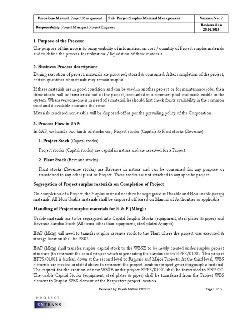 Procedure Manual: Project Management Sub: Project Surplus Material ...