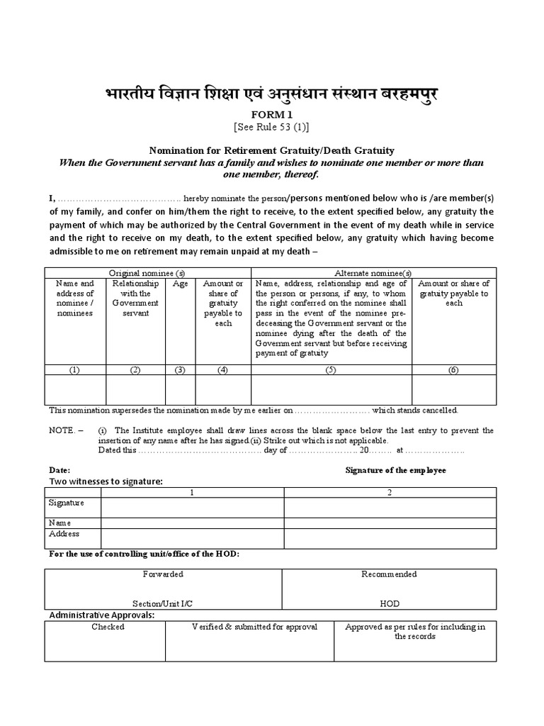 Form 1: When The Government Servant Has A Family and Wishes To Nominate ...