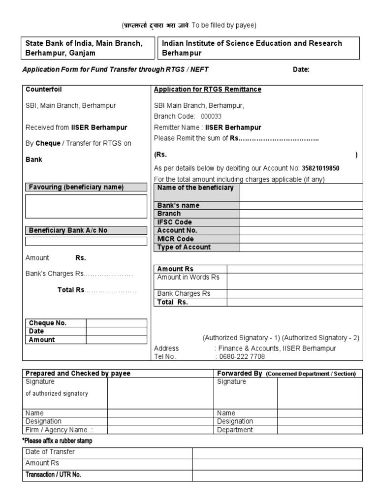 Application Form for Fund Transfer through RTGS/NEFT from IISER ...