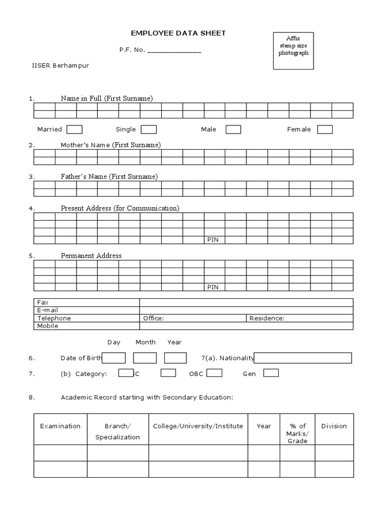 Name in Full (First Surname) : Employee Data Sheet | PDF