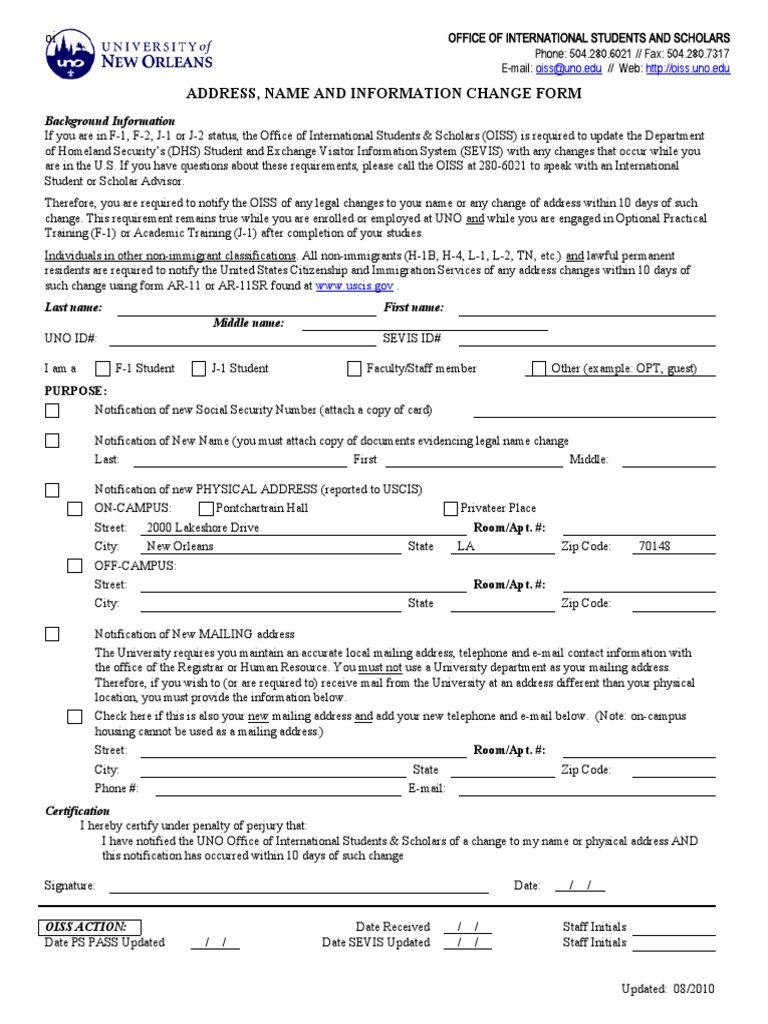 Address, Name Change & Information Form | PDF | Immigration To The ...