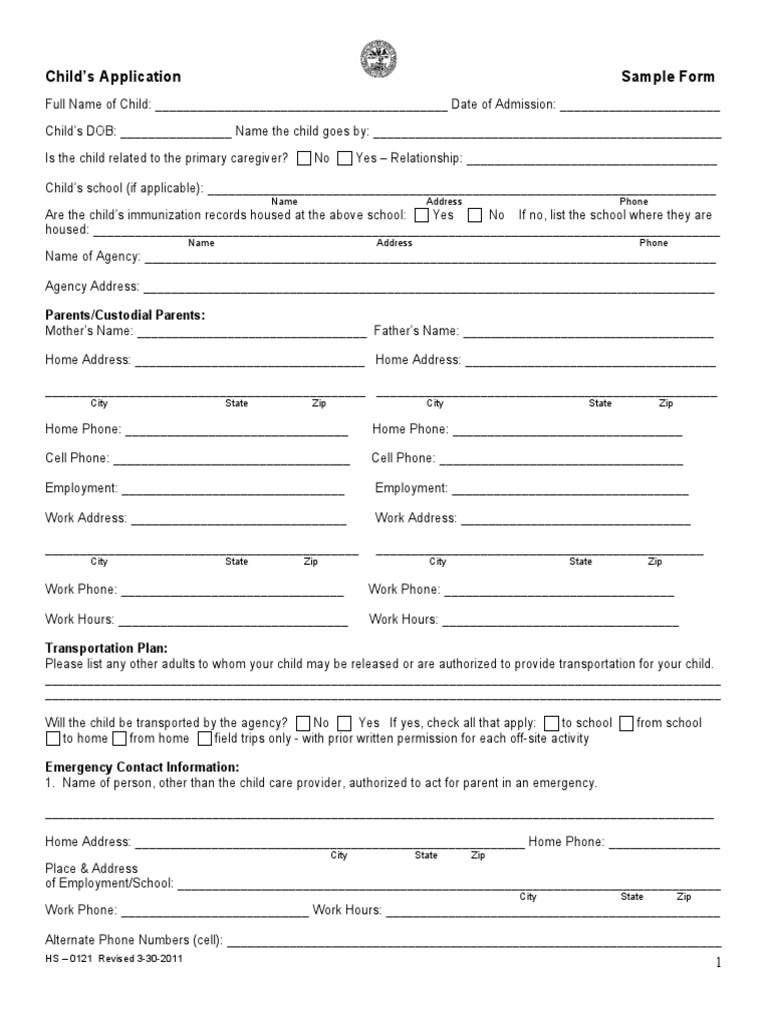 Child's Application: Sample Form | PDF | Child Care | Relationships