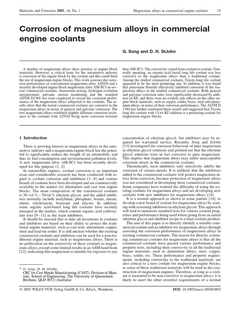 Corrosion of Magnesium Alloys in Commercial Engine Coolants | PDF ...
