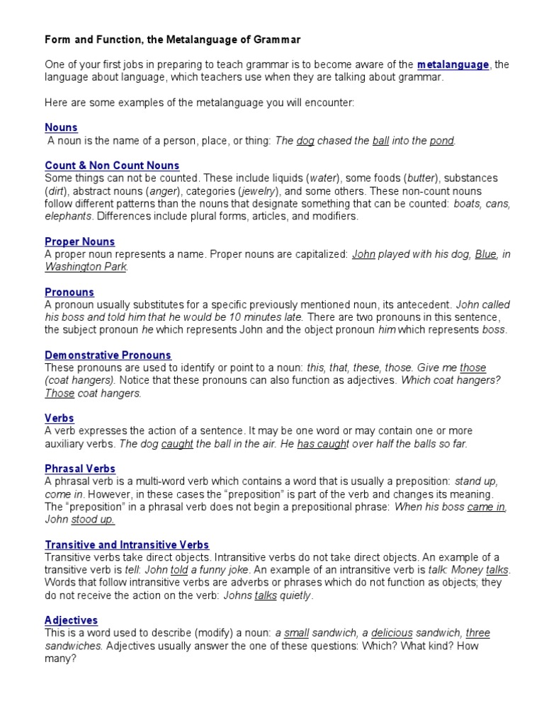 Form and Function, The Metalanguage of Grammar | PDF | Verb | Noun