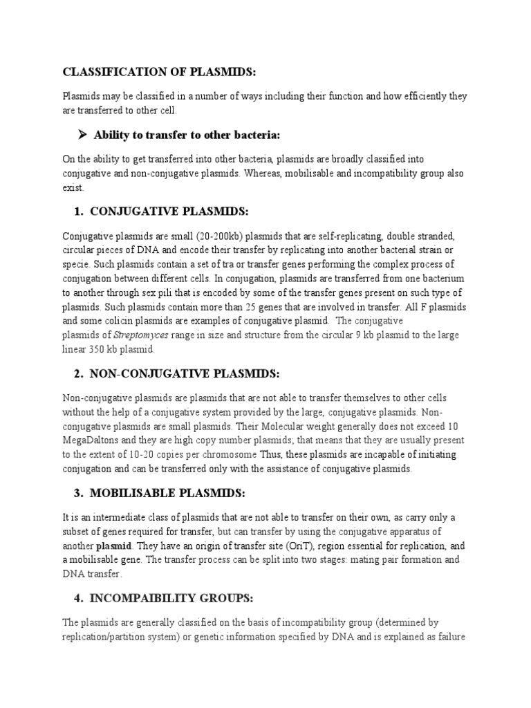 Classification of Plasmids | PDF | Plasmid | Bacteria