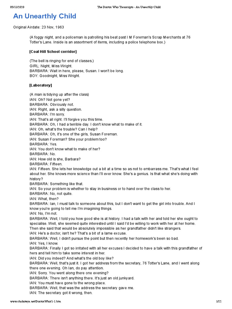 The Doctor Who Transcripts - An Unearthly Child PDF | PDF
