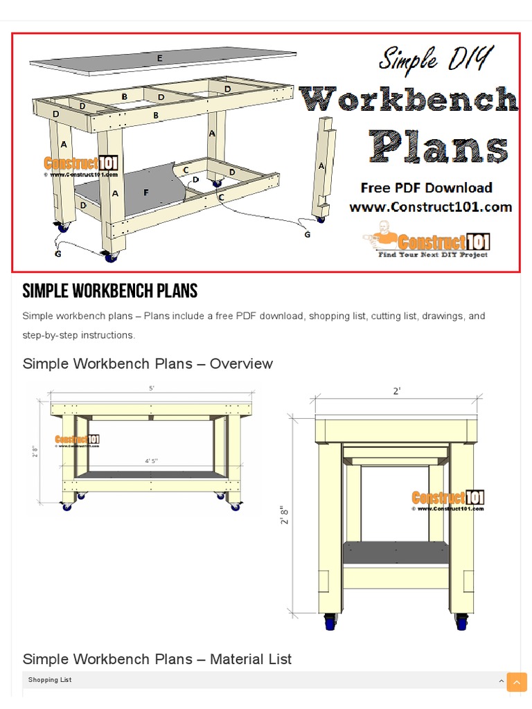 Simple Workbench Plans - Construct101 PDF | PDF | Industrial Processes | Woodworking
