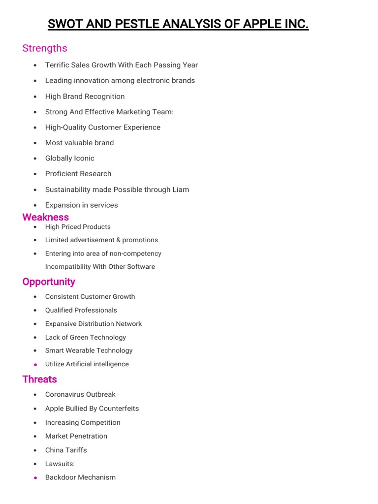 Swot and Pestle Analysis of Apple Inc | PDF | Business