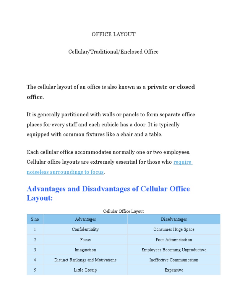 Advantages And Disadvantages Of Cellular Office Layout Pdf Business