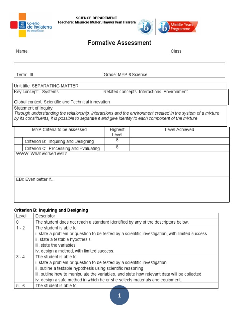 Separating Matter: MYP 6 Science Lab Guide | PDF | Mixture ...