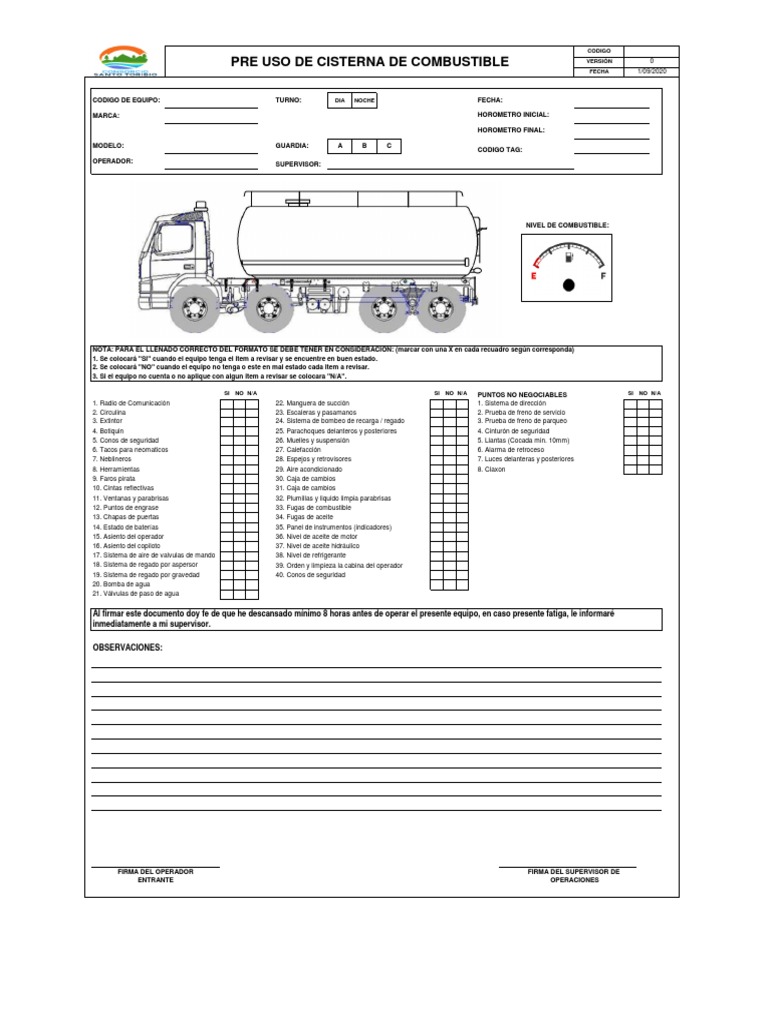 Formato de inspección previa al uso de una cisterna de combustible | PDF | Vehículo de motor ...