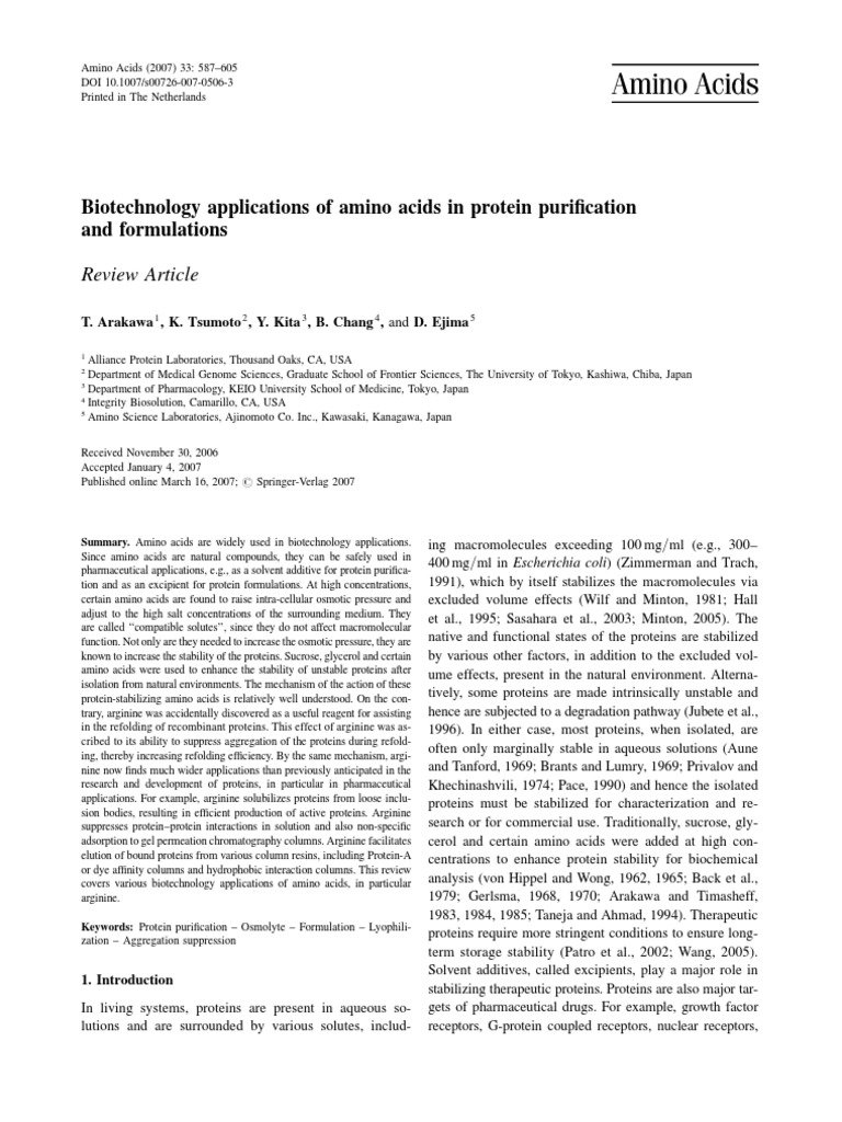 Biotechnology Applications of Amino Acids in Protein Purification and ...