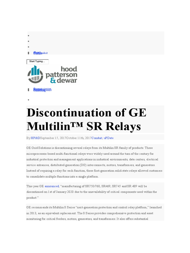 Discontinuation of GE Multilin™ SR Relays - Hood Patterson & Dewar ...