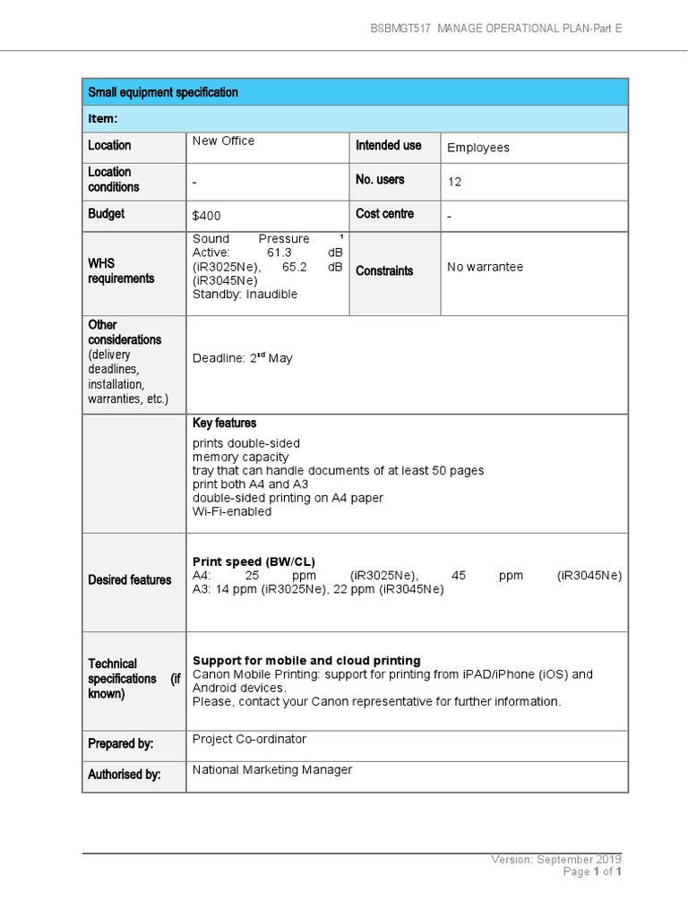 Canon C250i Equipment Specification Sheet | PDF
