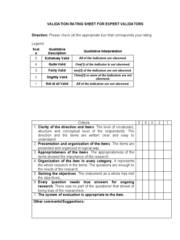 Validation Rating Sheet For Expert Validators Direction: Please Check ...
