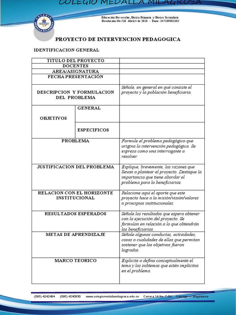 Formato Proyecto de Intervencion Pedagogica | PDF | Educación de la primera infancia | Educación ...