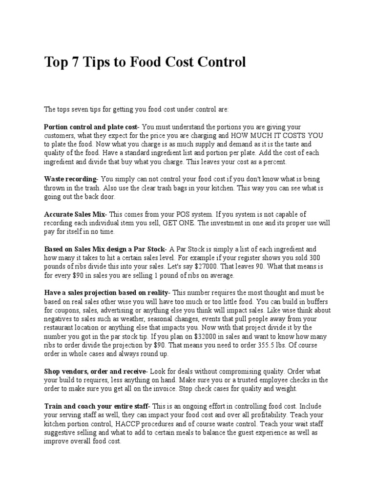 Food Cost Control: 7 Essential Tips | PDF | Menu | Restaurants