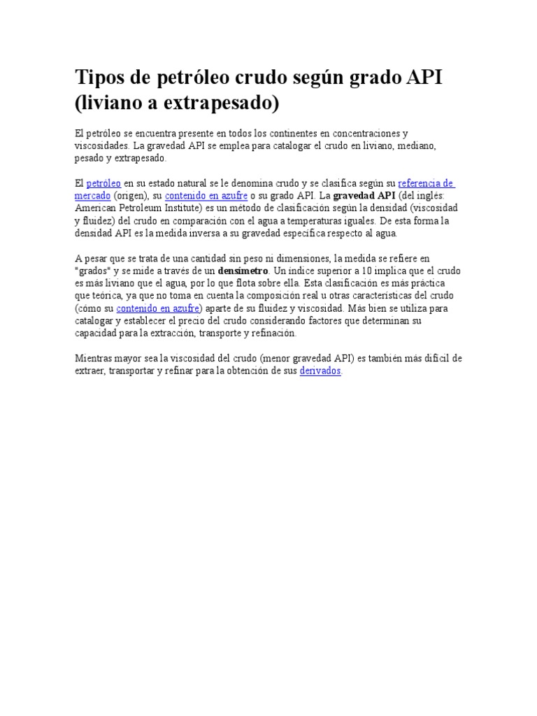 Tipos de Petróleo Crudo Según Grado API | PDF | Petróleo | Hidrocarburos