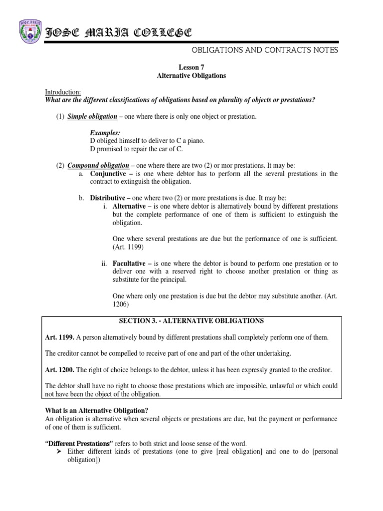 Lesson 7 - Alternative Obligations (Student's Copy) PDF | PDF | Debtor ...