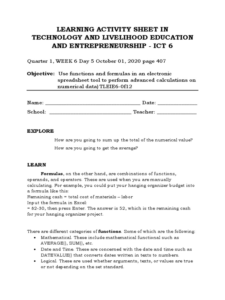Learning Activity Sheet in Technology and Livelihood Education and ...