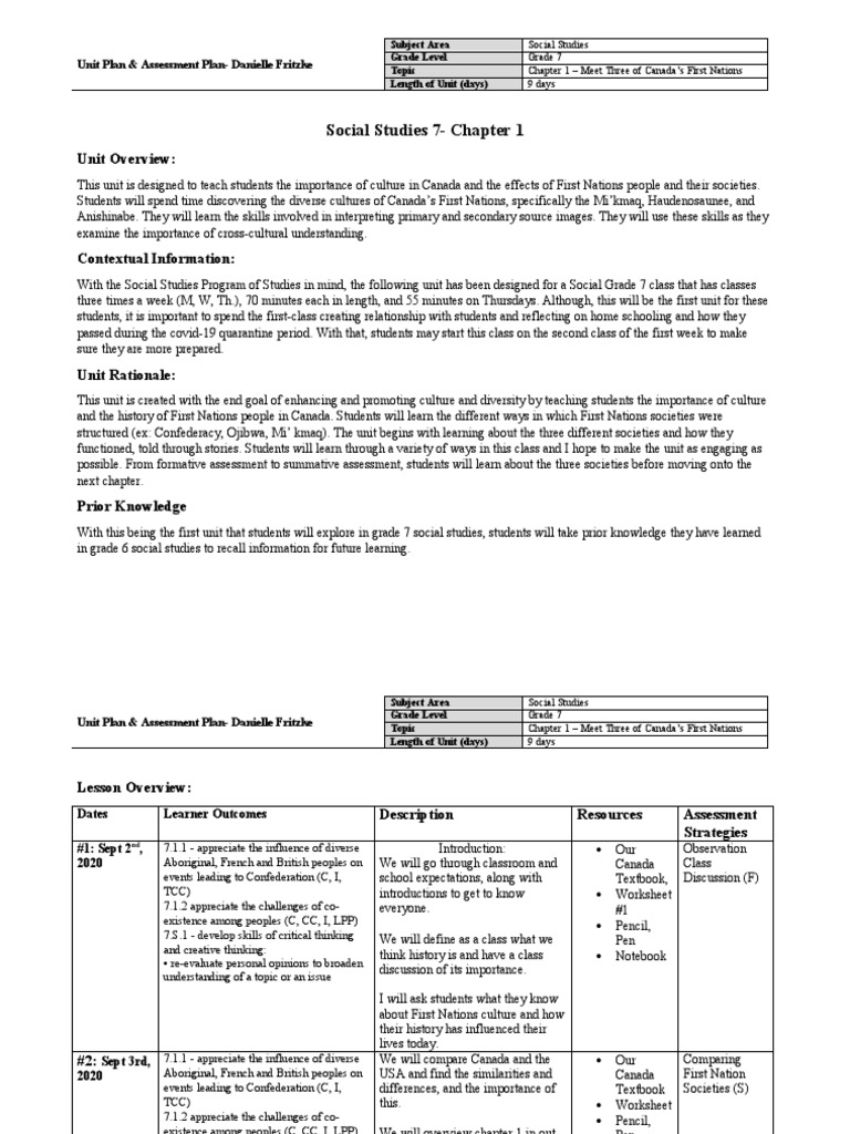 Grade 7 Social Studies Unit 1 Plan | PDF | First Nations | Educational ...