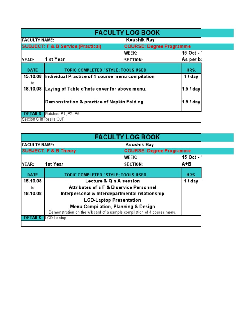 Faculty Log Book: Koushik Ray | PDF
