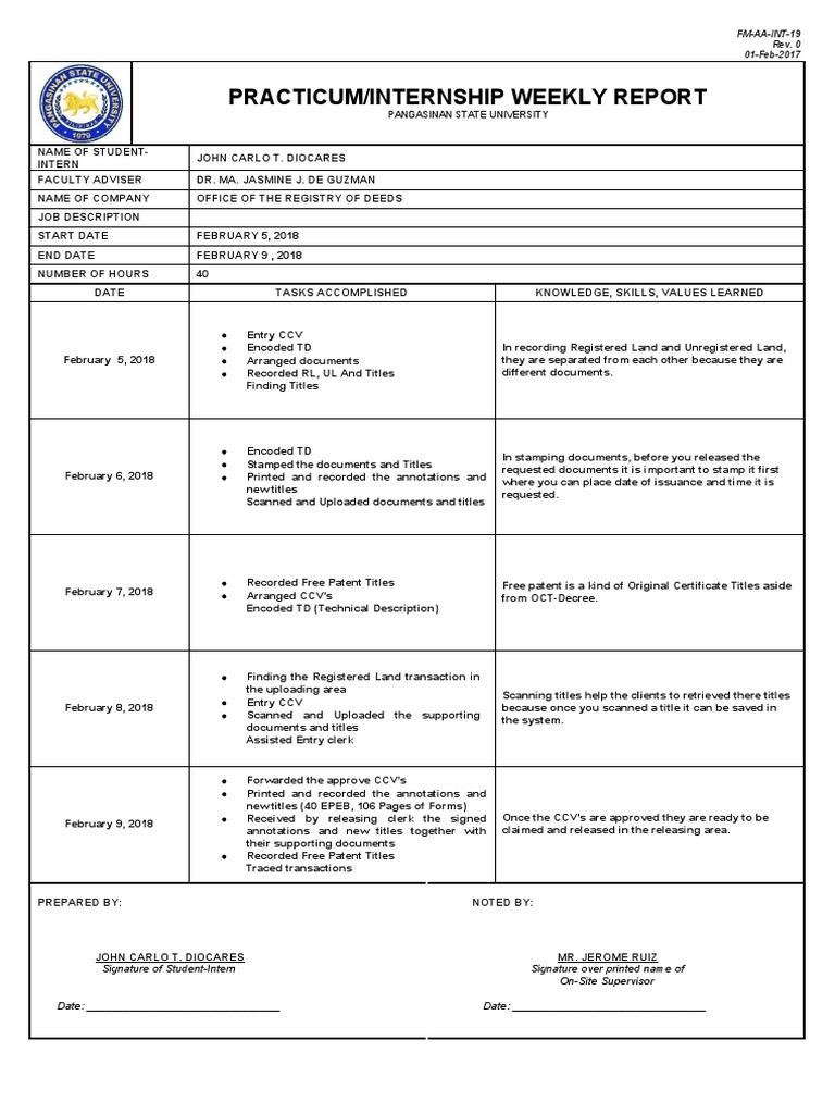 Practicum/Internship Weekly Report: Pangasinan State University | PDF ...