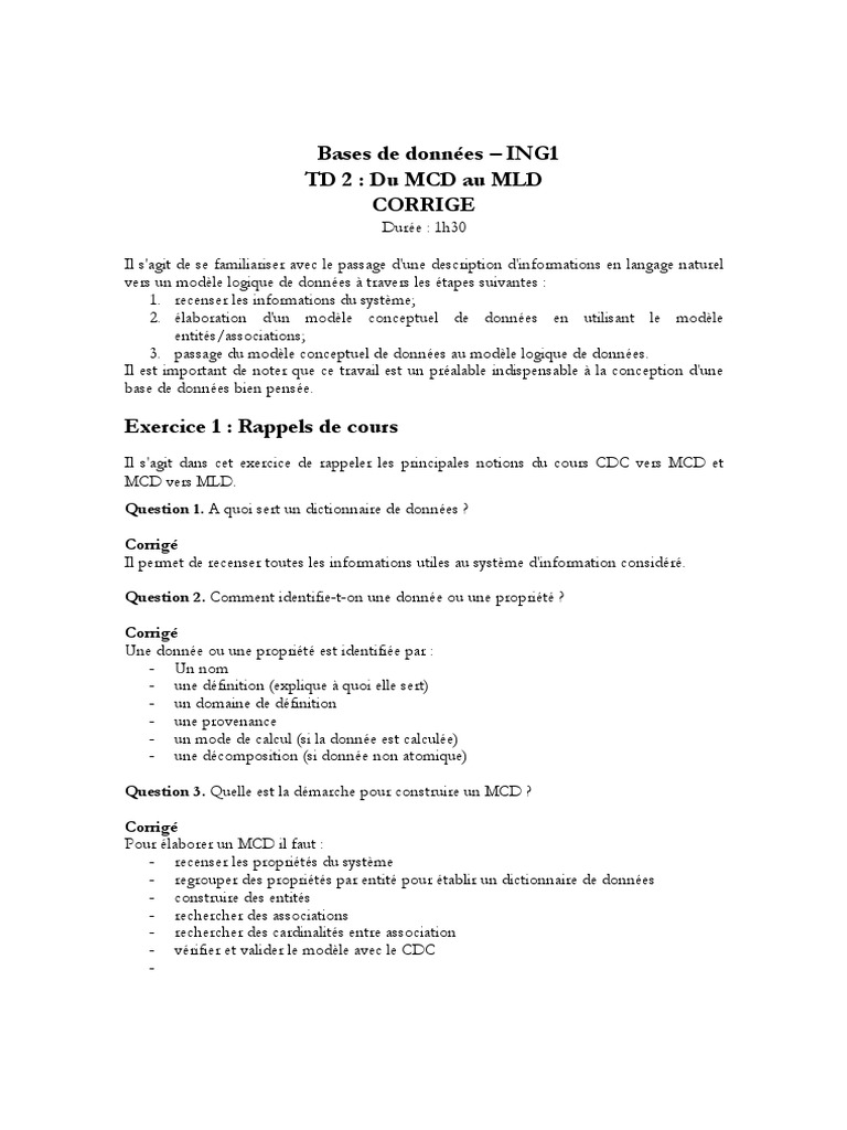 Exercice MCD - TD2CDCMCDMLDCorrige | PDF | Bien-être | Médical