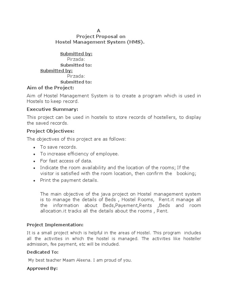 A Project Proposal On Hostel Management System. | PDF
