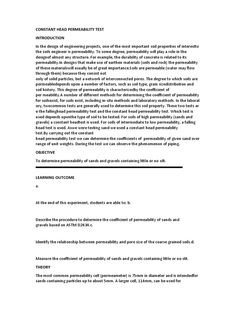 Constant Head Permeability Test | PDF | Permeability (Earth Sciences ...