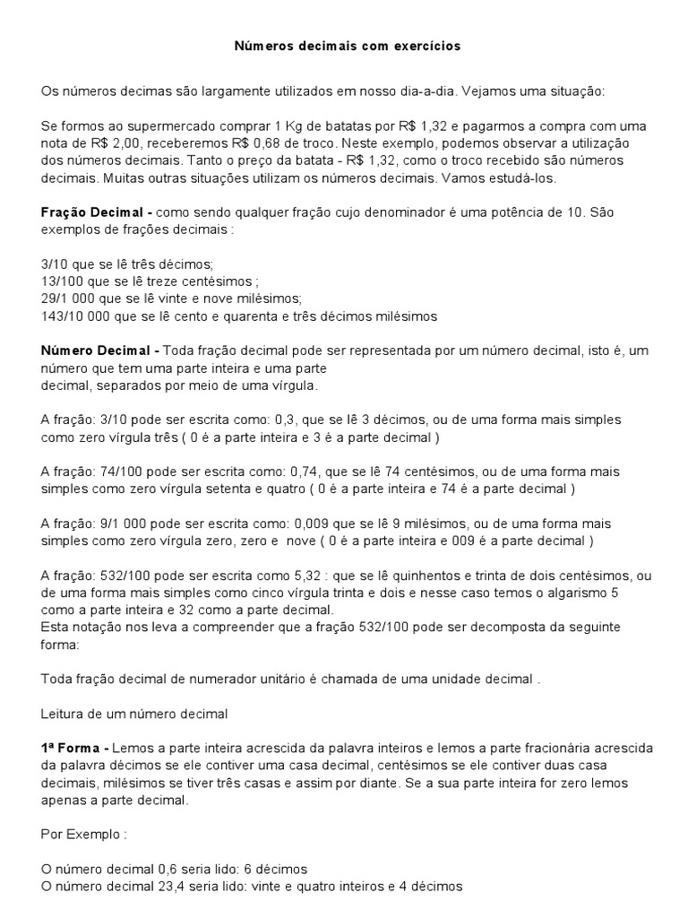Números Decimais Com Exercícios | PDF | Decimal | Fração (Matemática)