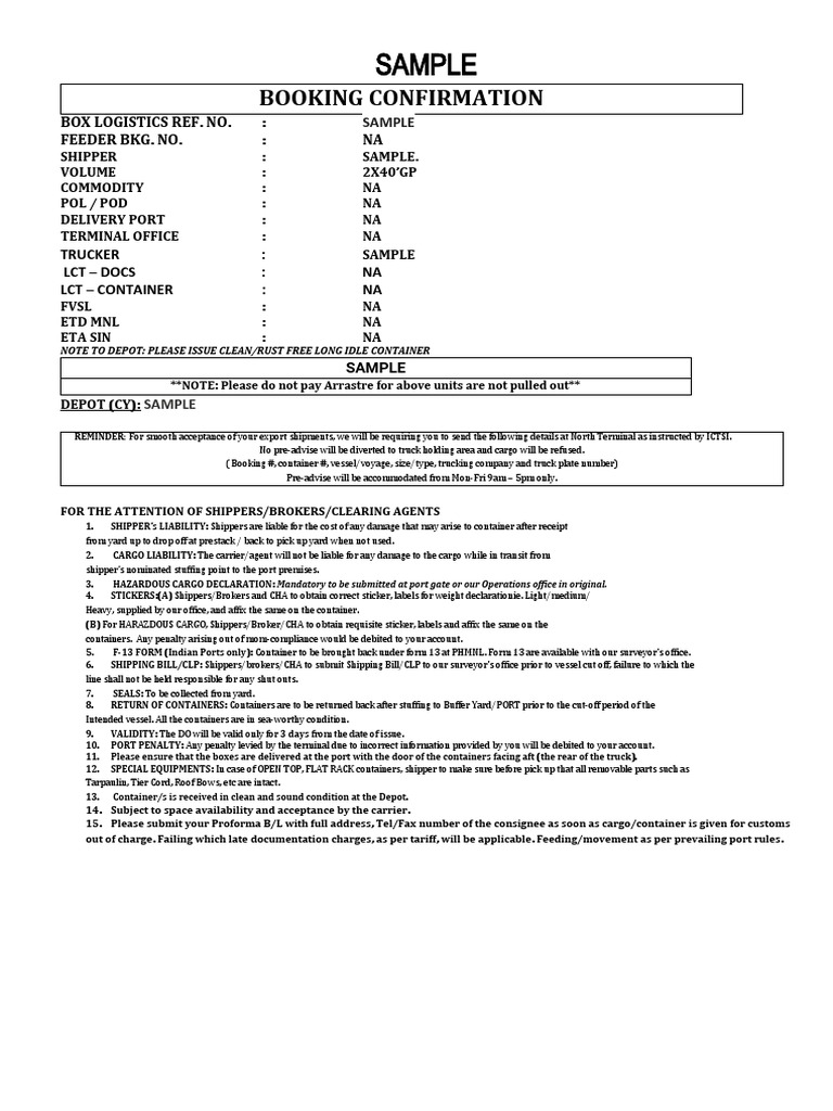 Sample: Booking Confirmation | Download Free PDF | Cargo | Logistics