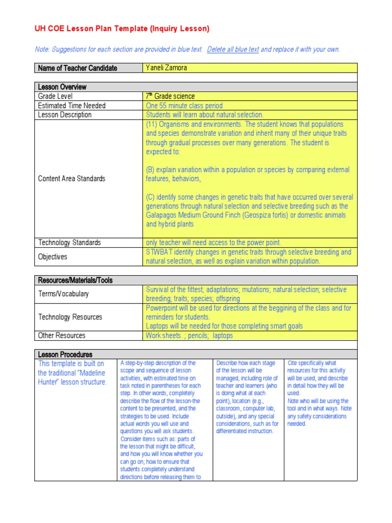 UH COE Lesson Plan Template (Inquiry Lesson) | PDF | Differentiated ...
