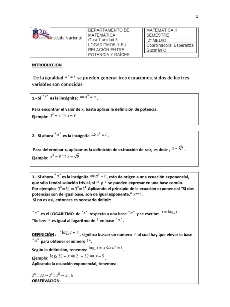 Guía de Logaritmos para 2° Medio | PDF | Logaritmo | Exponenciación
